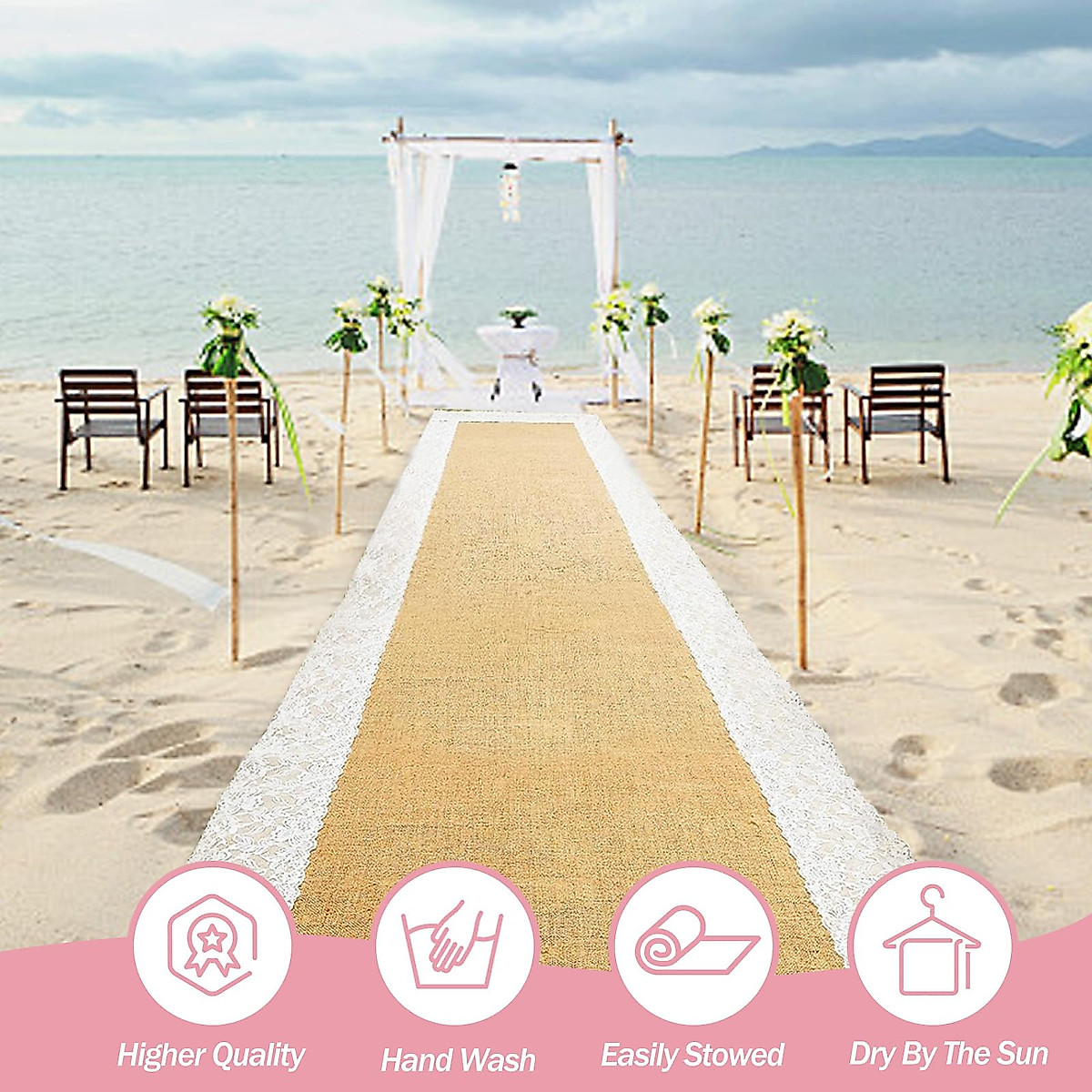 FUYITE Burlap Aisle Runner for Wedding Ceremony, 36" x 20ft Natural Burlap Wedding Aisle Runner with Lace, Jute Vintage Seamless Rustic Charm Wedding Runner Aisle Outdoor