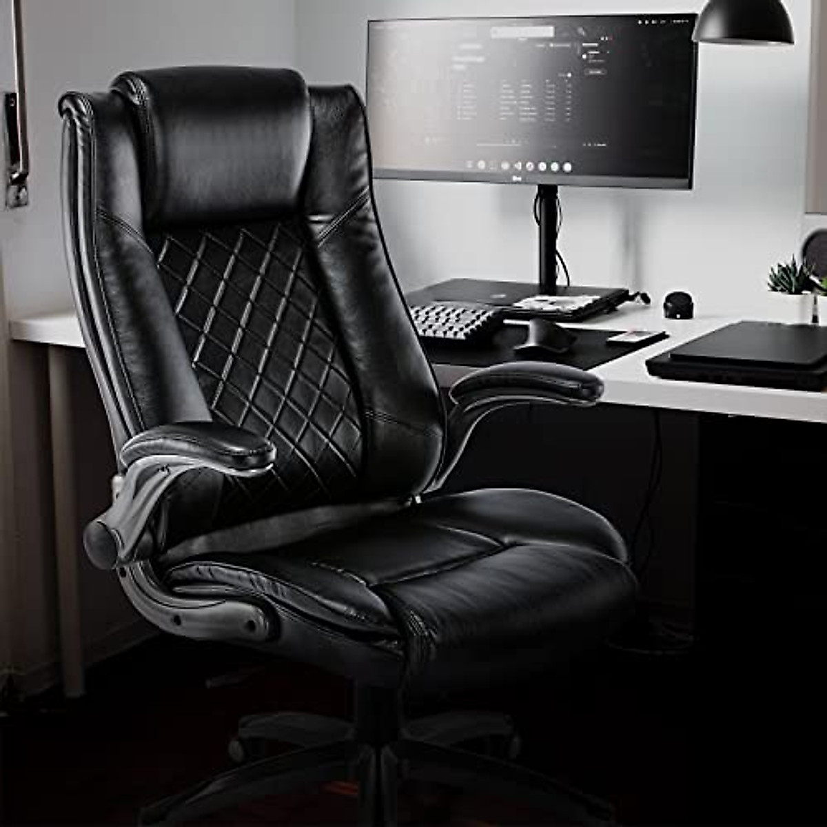 COLAMY High Back Office Chair-Executive Computer Office Chair with Flip-up Arms Adjustable Height Swivel Chair, Thick Padded Leather for Comfort and Ergonomic Design for Lumbar Support (300lbs, Black)