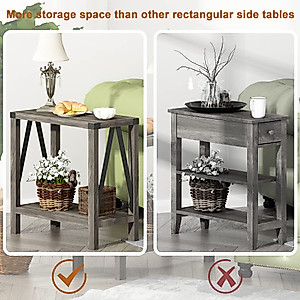 ChooChoo Farmhouse End Table for Small Spaces, Narrow Side End Table with Storage Shelf, Rustic A-Design Nightstand Sofa Table for Living Room, Bedroom (Grey) 2 Pack