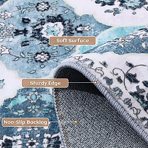 FLYRUGGO Area Rugs, 5x7 Washable Boho Throw Rug Indoor, Moroccan Trellis Bohemian Ultra Soft Large Non-Slip Carpet for Living Room Dining Room Office Bedroom (001-Blue White/Multi, 5x7)