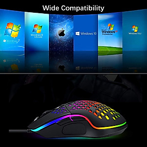 Lightweight Gaming Mouse, Honeycomb USB Wired Mouse with Backlight, 4000 DPI, RGB Computer Gaming Mouse for Mac, Laptop, PC (Black)