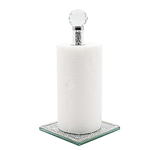 Handmade Silver Paper Towel Roll Holder, Filled with Sparkly Crystal Crushed Diamonds for Kitchen / Bathroom Towel Tissue Roll Countertop, 13inch Height 6.3inch Square Base Freestanding Holder
