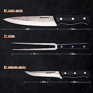 Naitesen 3PCS Kitchen Chef Knife Set Very Sharp Hand Forged Chef Knife Boning Knife Fork Set for Meat CuttingHigh Carbon Steel Kitchen knives with for BBQ, Turkey, Ham, Meat, Brisket