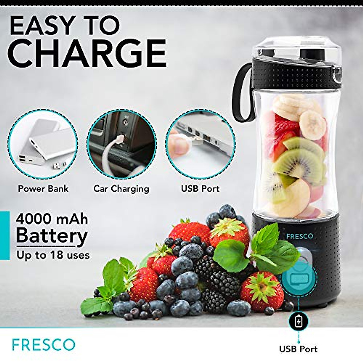 Portable Blender, Personal Size Blender for Shakes and Smoothies, Fruit Smoothie Blender, Milkshake – Juicer Mini Blender 4000 mAh USB Rechargeable with 6 Blades, Handheld use in Sports, Travel, Gym