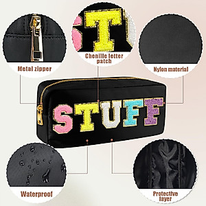 4 Pcs Preppy Chenille Letter Makeup Bag,Nylon Zipper Waterproof Preppy Stuff Bag,Cosmetic Travel Organizer Bag for Women Teen Girl（Pink,Blue,White,Black）