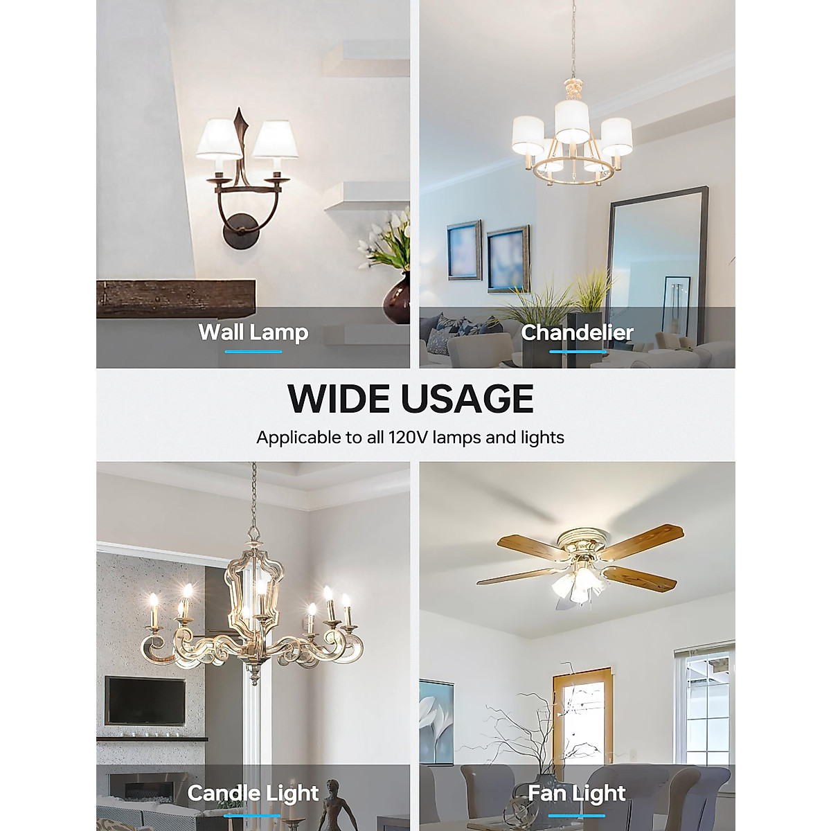 KINDEEP LED Candelabra Light Bulbs Dimmable 60 Watt Equivalent, Daylight 5000K, 600LM, E12 Candle Bulb Base 6W Ceiling Fan Lightbulbs Type B Bulb for Chandelier, Wall Sconces, 6 Pack