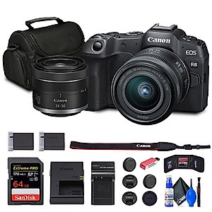 Canon EOS R8 Mirrorless Camera with RF 24-50mm f/4.5-6.3 is STM Lens (5803C012) + 64GB Memory Card + Bag + Charger + LPE17 Battery + Card Reader + Memory Wallet + Cleaning Kit (Renewed)