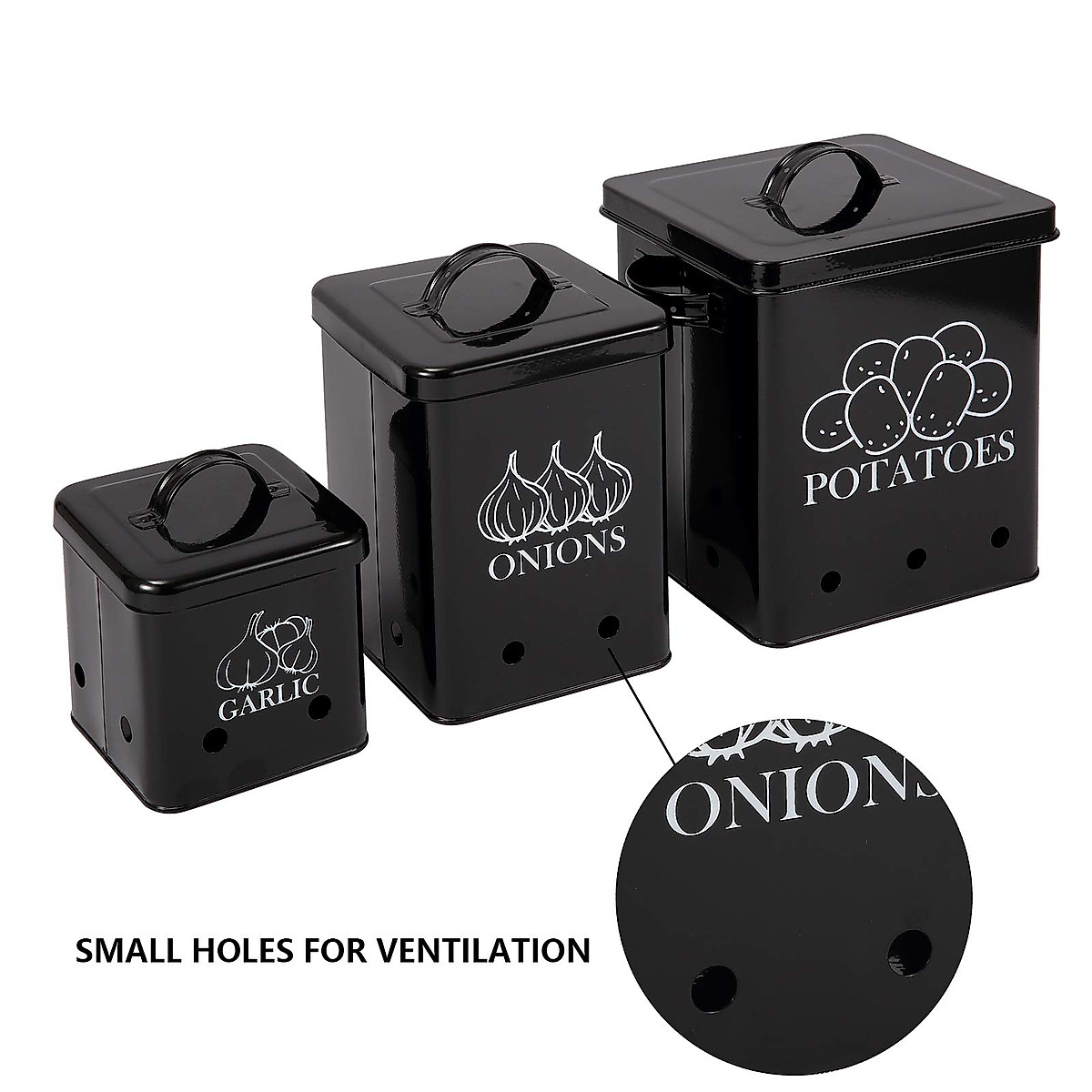 Potato Onion Kitchen Storage Canisters Jars Pots Containers 3 Pack Set - Potatoe, Garlic Bin Caddy, Long Shelf Life With Aerating Tin Storage Holes-Black