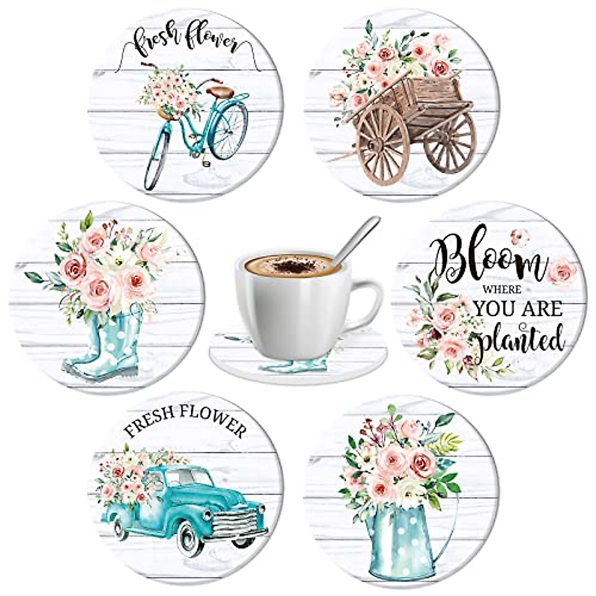 Whaline Spring Coasters 6 Pack Rustic Farmhouse Drink Coaster Truck Floral Flower Ceramic Coaster Cup Mat for Mugs Cups Home Kitchen Party Supplies, 4.1 x 0.3 Inch
