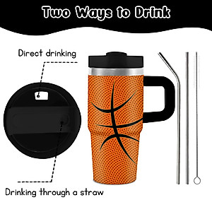 Basketball Gifts, 14 oz Basketball Tumbler with Handle and Straw for Kids, Basketball Lover Gifts for Boys Girls, Stainless Steel Insulated Basketball Mug Gifts for Christmas Birthday
