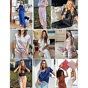 Ekouaer Women Silk Satin Pajamas Sets Round Neck Soft Pjs Set Summer Nightwear Short Sleeve Sleepwear Champagne