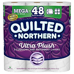 Quilted Northern Ultra Plush Toilet Paper, 12 Mega Rolls = 48 Regular Rolls, 3-Ply Bath Tissue