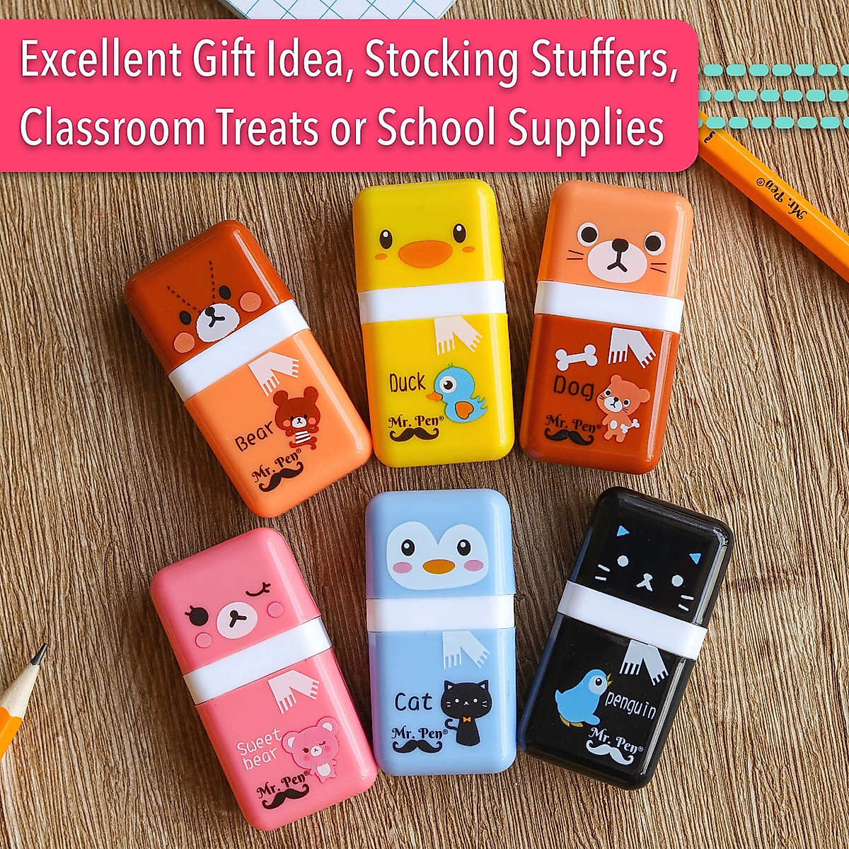 Mr. Pen- Erasers for Kids, 6 Pack, Eraser with Cover and Roller, School Supplies, Erasers, Kids Erasers, Pencil Eraser, Cute Erasers, Kids School Supplies