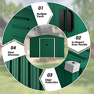 SOLAURA 8'x6' Outdoor Vented Storage Shed Garden Backyard Tool Steel Cabin (Green)