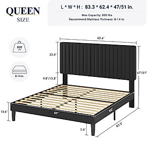 Allewie Queen Bed Frame, Velvet Upholstered Platform Bed with Vertical Channel Tufted Headboard, Mattress Foundation with Strong Wooden Slats, Box Spring Optional, Easy Assembly, Black