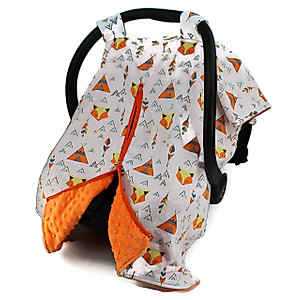 Dear Baby Gear Car Seat Canopy, Fox And Teepees, Orange Minky