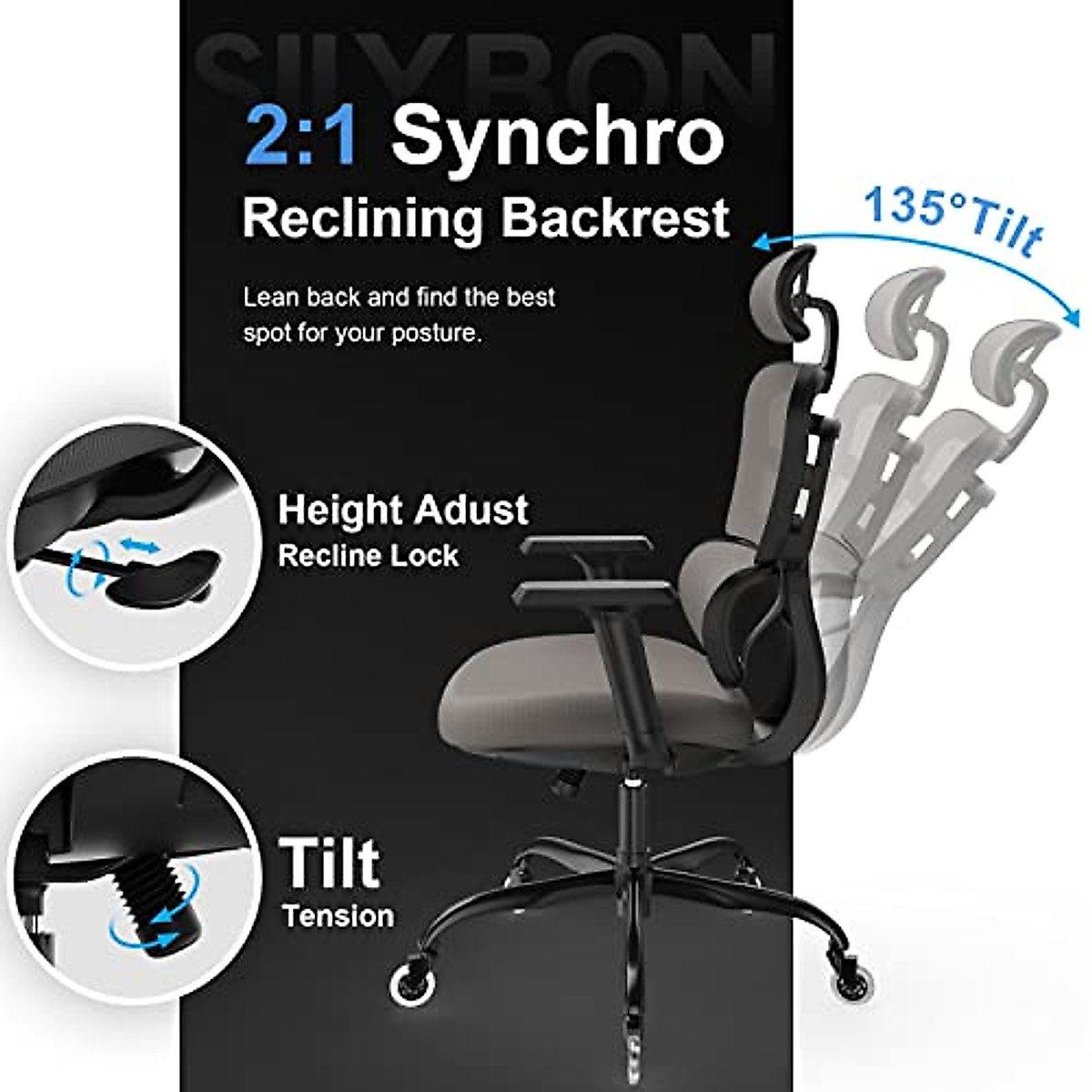 Ergonomic Office Chair - Mesh Office Chair High Back, Rolling Desk Chair, Executive Swivel Chair, Computer Chair with 3D Adjustable Armrest Headrest, 3D Lumbar Support, Blade Wheels