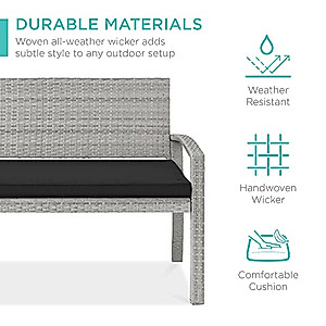 Best Choice Products 2-Person Outdoor Wicker Loveseat Bench Chair Furniture for Garden, Patio, Porch w/ 700lb Capacity, Seat Cushion - Gray/Black