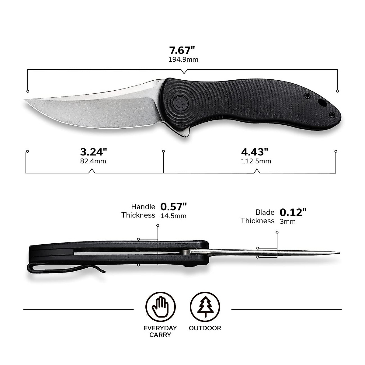 CIVIVI Pocket Folding Knife For EDC, 3.24" Nitro-V Stonewashed Trailing Point Blade, Jim O’Young Synergy 3 Liner Lock Knife C20075A-1