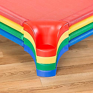 Sprogs Deluxe Heavy-Duty Childrens Standard 52"L Stackable Daycare Cot with Easy Lift Corners Cots for Preschool Kids Sleeping, Resting, and Naptime, SPG-16138-AS, Blue, Green, Red, Yellow (Pack of 4)