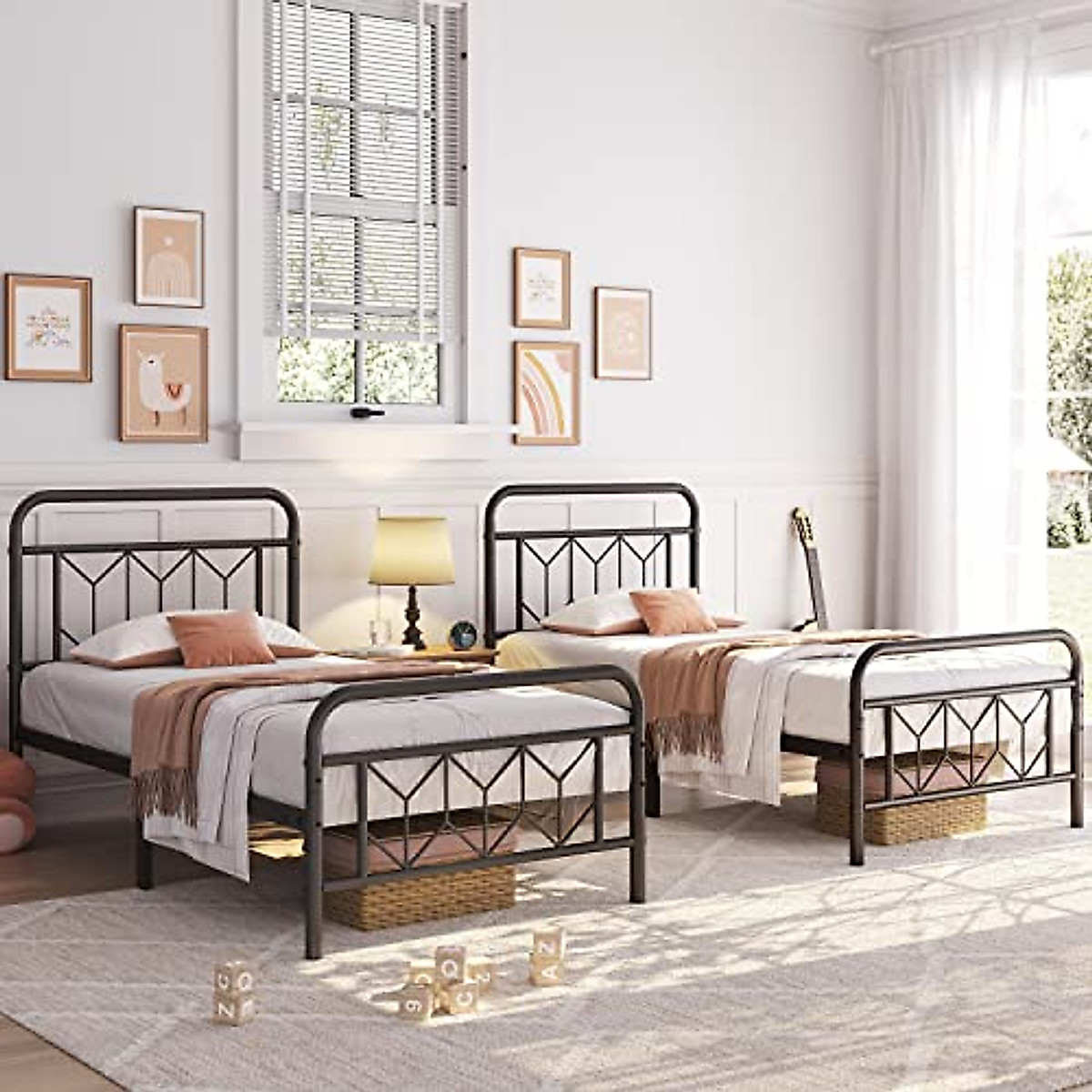 Yaheetech Metal Platform Bed Frame Mattress Foundation with Diamond Pattern Headboard/Footboard/Heavy Duty Steel Slat Support/Under Bed Storage/No Box Spring Needed/Twin Size Black