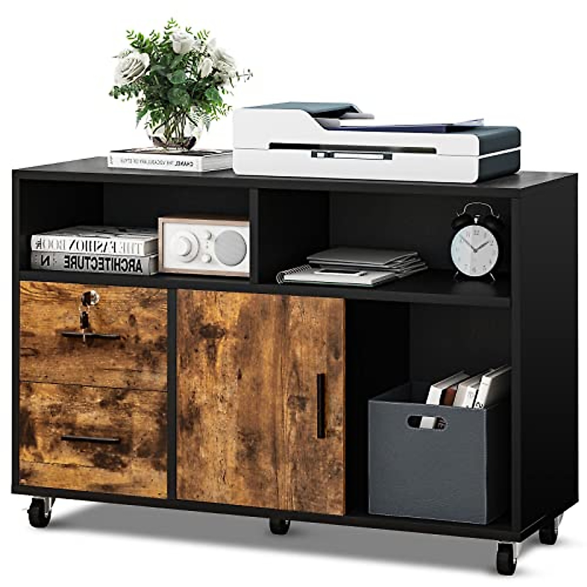 YITAHOME Wood File Cabinet, Mobile Filing Cabinet 2-Drawer Lateral File Cabinet for Letter, Legal, A4 Size, Printer Stand with Open Storage Shelves for Home Office,Black and Rustic Brown