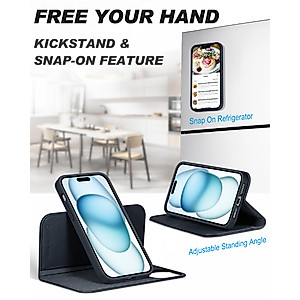 SHIELDON Genuine Leather Wallet 2 in 1 Detachable Wireless Charging Folio Magnetic Case RFID Blocking Card Slot Kickstand Shockproof Case Compatible with iPhone 15 - Navy Blue