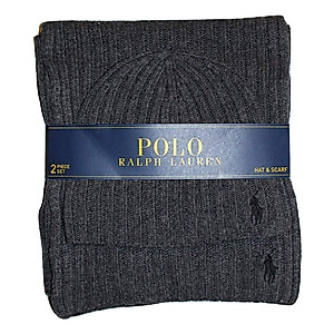 Polo Ralph Lauren Men's 2 Piece Set Hat & Scarf Charcoal Grey Lambswool Blend