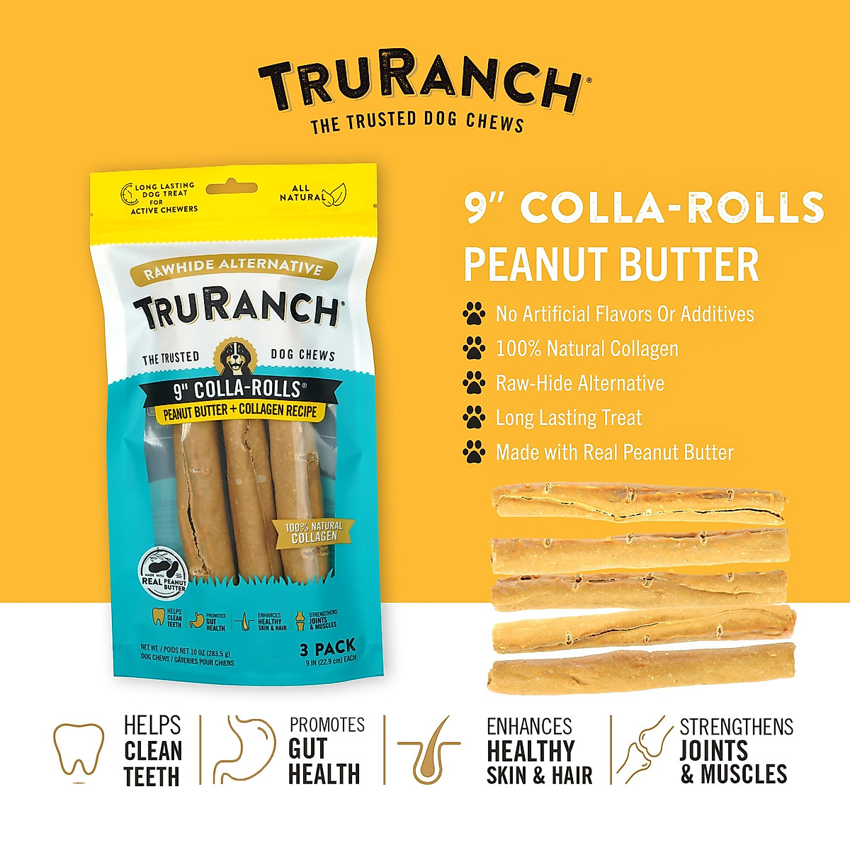 TRURANCH 9" Collagen Roll, Peanut Butter - 3 Pack