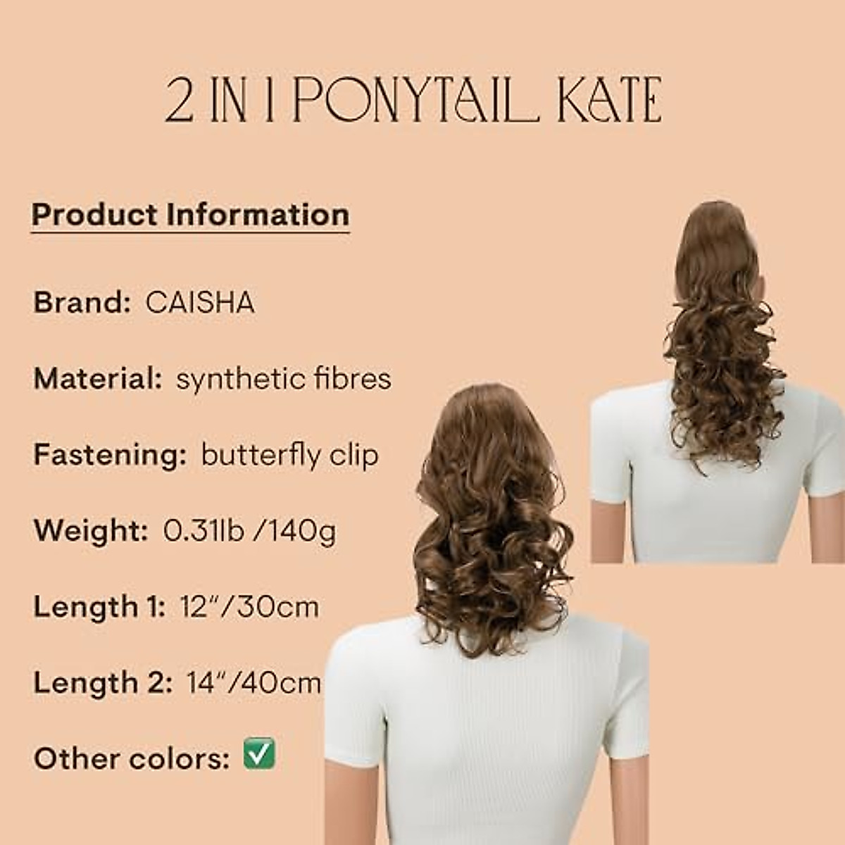 CAISHA 2 IN 1 Ponytail 12" Or 14" Hairpiece Clip On Extension Voluminous Wavy Medium Brown H22-2