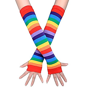 YELAIVP Girl's Stripe Rainbow Thigh High Socks Cosplay Over Knee Stockings Gloves Set Arm Leg Warmers for Women