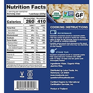 Lotus Foods, Organic White Jasmine Rice, 8 Ounce