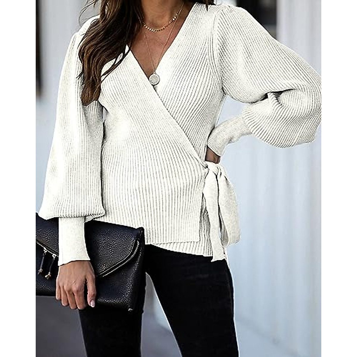 KIRUNDO 2023 Women's Fall Winter Wrap V Neck Sweater Balloon Sleeves Ribbed Knitted Pullover Tie Front Tunic Top Jumper(Small, Beige)