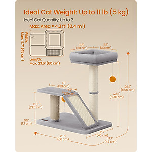 Feandrea Cat Scratching Post, Small Cat Tree Tower, Multifunctional Cat Scratcher with Self Groomer Brush, Rotatable Ramp, Pompoms, Cat Perch Bed for Indoor Cats, Light Gray UPCA024G01