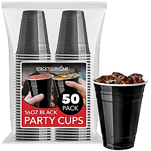 Stock Your Home Black Plastic Cups Disposable, 16oz (50 Count) Heavy-Duty, Large Party Cup Pack Bulk Pack for Drinking Punch, Soda, Wine, Beer, 4th of July, Halloween