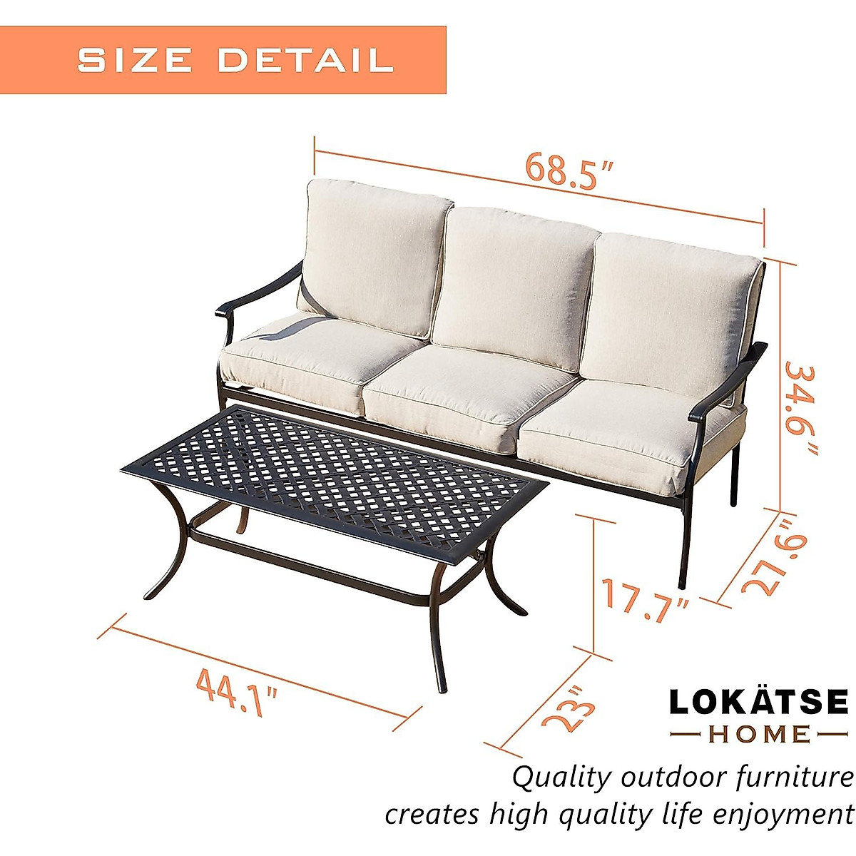 LOKATSE HOME 3 Seat Metal Patio Loveseat Bench Outdoor Furniture Bistro Set with Coffee Table for Lawn Front Porch Garden Yard or Poolside, Beige