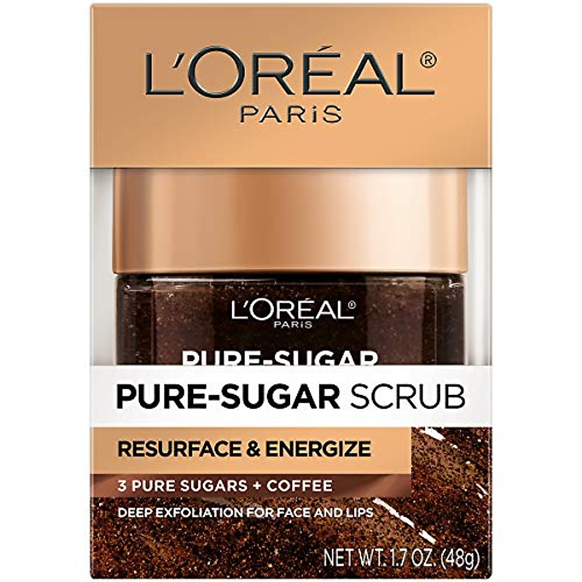 L'oreal Paris Skin Care Pure Sugar Face Scrub With Kona Coffee To Instantly Resurface & Energize for Soft Glowing Skin, 1.7 Ounce