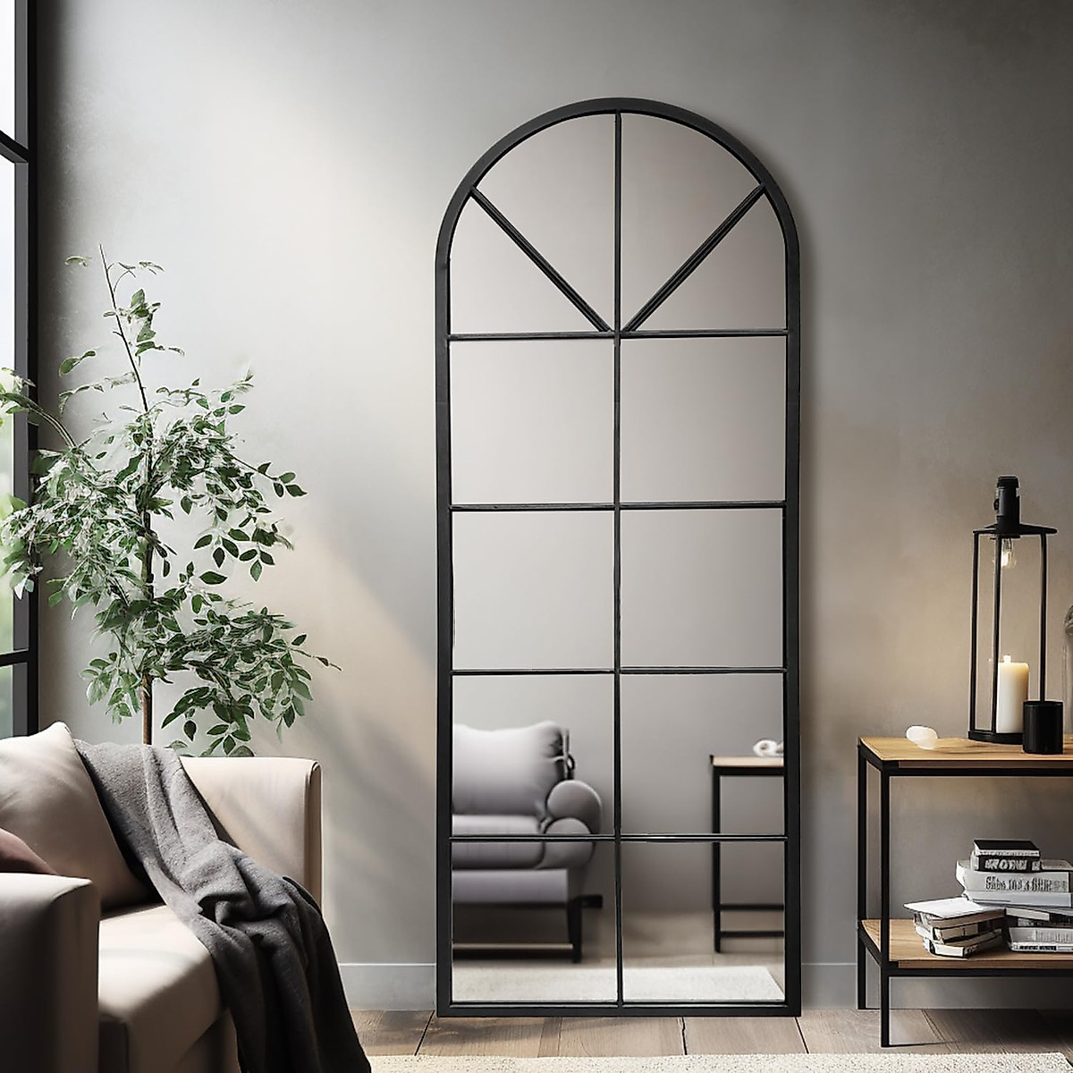 Dewfig Arched Wall Full Length Mirror 22"x65", Black Arched Window Mirror, Vanity Mirror for Bathroom, Bedroom, Entryway, Wall Mirror Full Length with Metal Frame, Arch Top Wall Mirror, Black