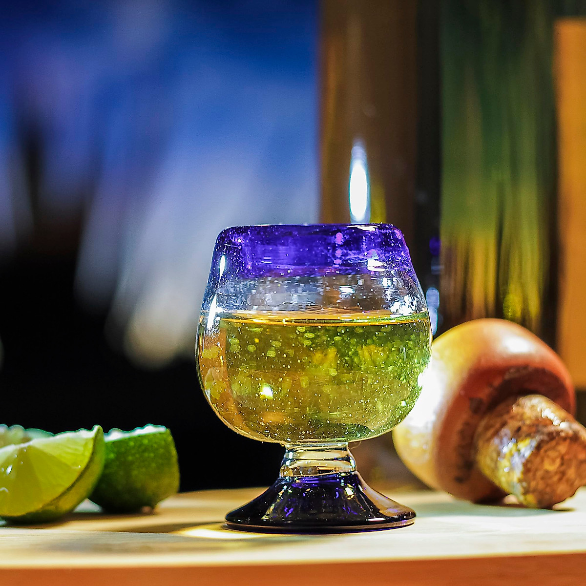 MEXTEQUIL - Authentic Mexican Tequila Hand Blown Shot Glasses - Set of 4-2 oz - Mini Glass Snifters - Heavy Base - Cognac (Cobalt Blue Rim)