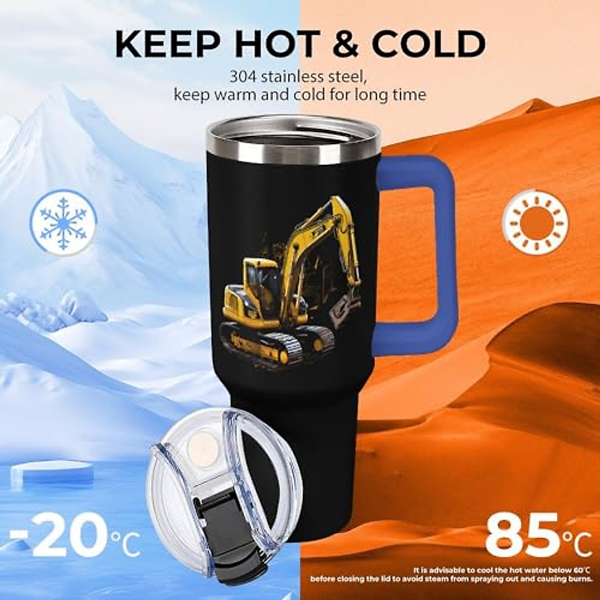 Construction Excavator 40 Oz Car Cup Stainless Steel Travel Mug Leak-Proof Insulated Tumbler with Handle Deep Blue-style
