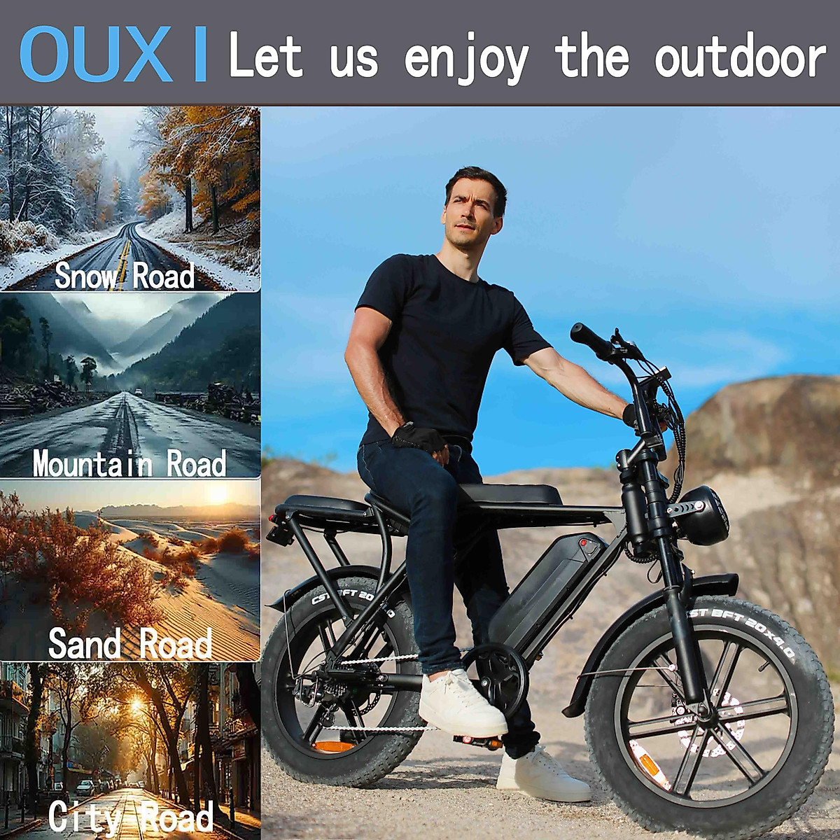 OUXI V8 Electric Bike Adults, Electric Mountain Bike with 750W Motor 48V 15Ah Removable Larger Battery 31MPH 20'' Fat Tire E Bike Shi-Mano 7-Speed Adult Electric Bicycles (Black)