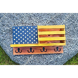 American Flag Key Holder & Organizer with Shelf for Wall. Crafted of Natural Fir Wood, Hand Painted in Patriotic Red, White, Blue. Unique Design, Decor Accent for Entry, Office, Living Room, Bedroom