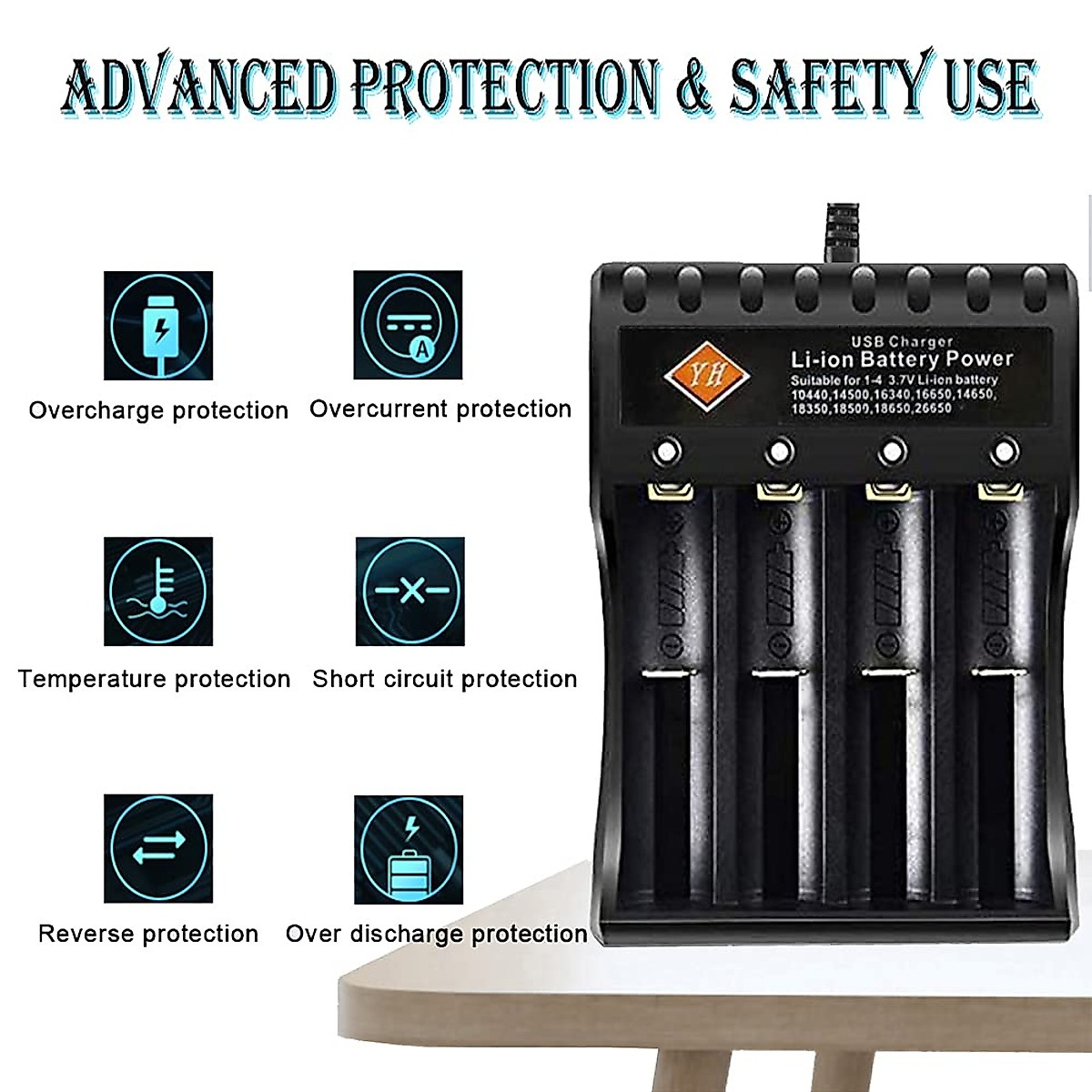 18650 Battery Charger 4 Bay Smart Universal USB Charger for 3.7V Rechargeable Lithium Li ion Batteries Compatible 18650 26650 21700 10400 14500 16340 16650 18500 Battery Charger（No Battery