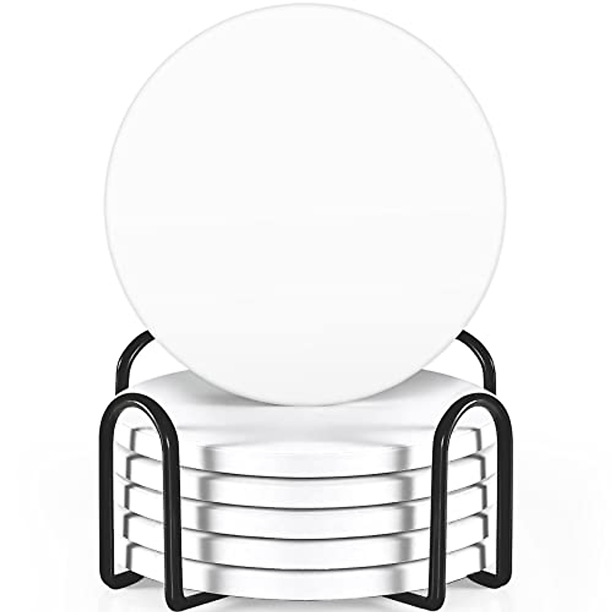 ABenkle Coasters for Drinks with Holder for Coffee Table, Absorbent Coaster Sets of 6, Drink Coasters with Marble Ceramic, Cup Coasters for Wooden Table, Housewarming Gift for Home Decor - White