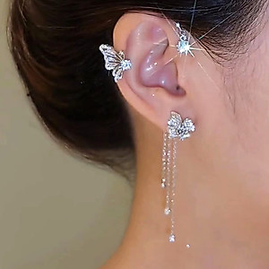 Butterfly Tassel Style Zircon Earrings Flowers Long Tassel Zircon Earrings Clips Charm No Piercing Ear Clip Jewelry for Women (Silver)