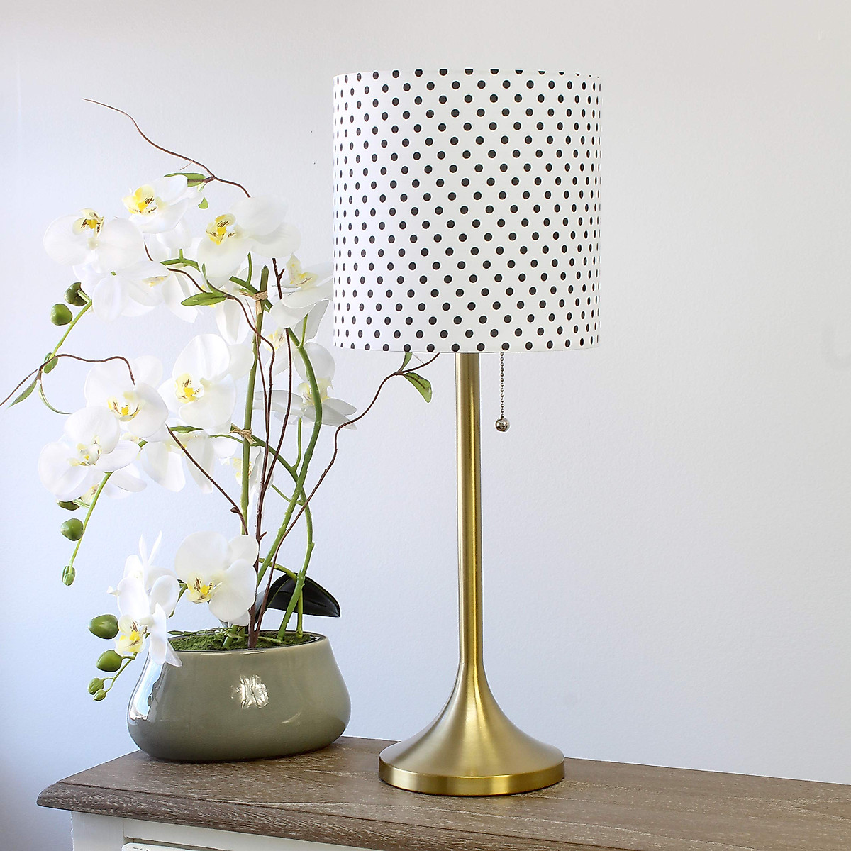 Simple Designs LT1076-GDD Tapered Fabric Drum Shade Table Lamp, Gold and Polka Dot
