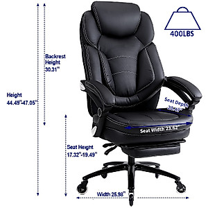 KCREAM Big and Tall Office Chair High Back Massage Reclining Office Chair with Footrest - Executive Computer Chair Home Office Desk Chair Thick Padded Strong Metal Base Quiet Wheels (Black)