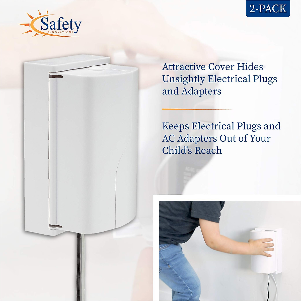 Safety Innovations Twin Door Baby Safety Outlet Cover Box for Babyproofing Outlets - More Interior Space for Extra Large Electrical Plugs and Adapters - Easy to Install - Easy to Use, (2-Pack)