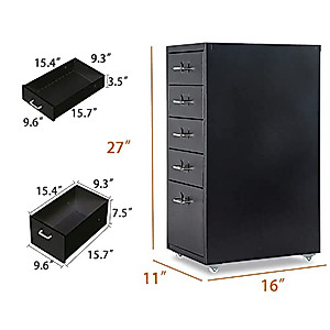 corpuwn 5 Drawer Mobile Storage Cabinet, 27" Metal Storage Dresser Cabinet with Castor Wheels,16" Deep Small Organization Chest for Home Office,Easy Assembly Without Screws,Black