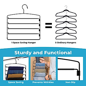 Fontaines Luxury 5 Tier Pants Hangers 4 Pack - Ultra Slim & Space Saving - Heavy Duty Metal Swivel Hook with Swing Arm for Clothing, Jeans, Slacks, Skirts, Leggings & Dress Pant Closet Organization